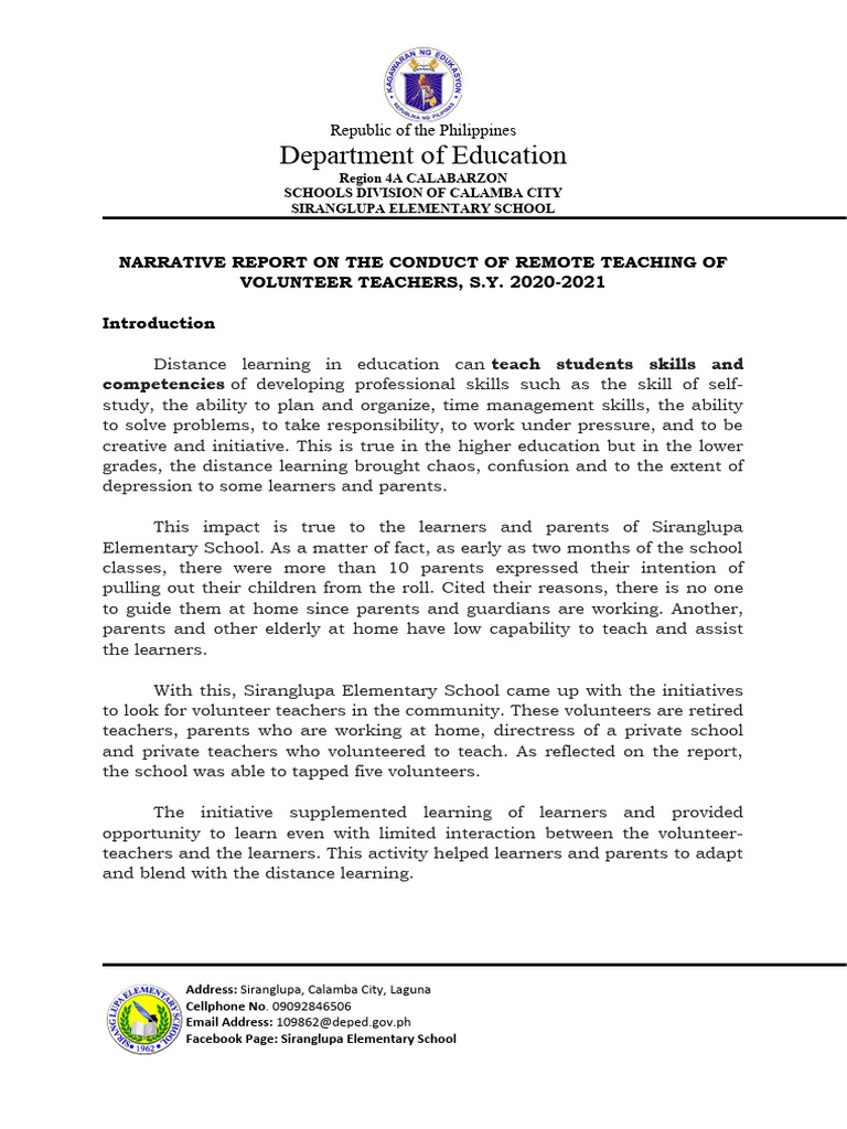 Narrative On The School Volunteers | PDF | Learning | Teachers