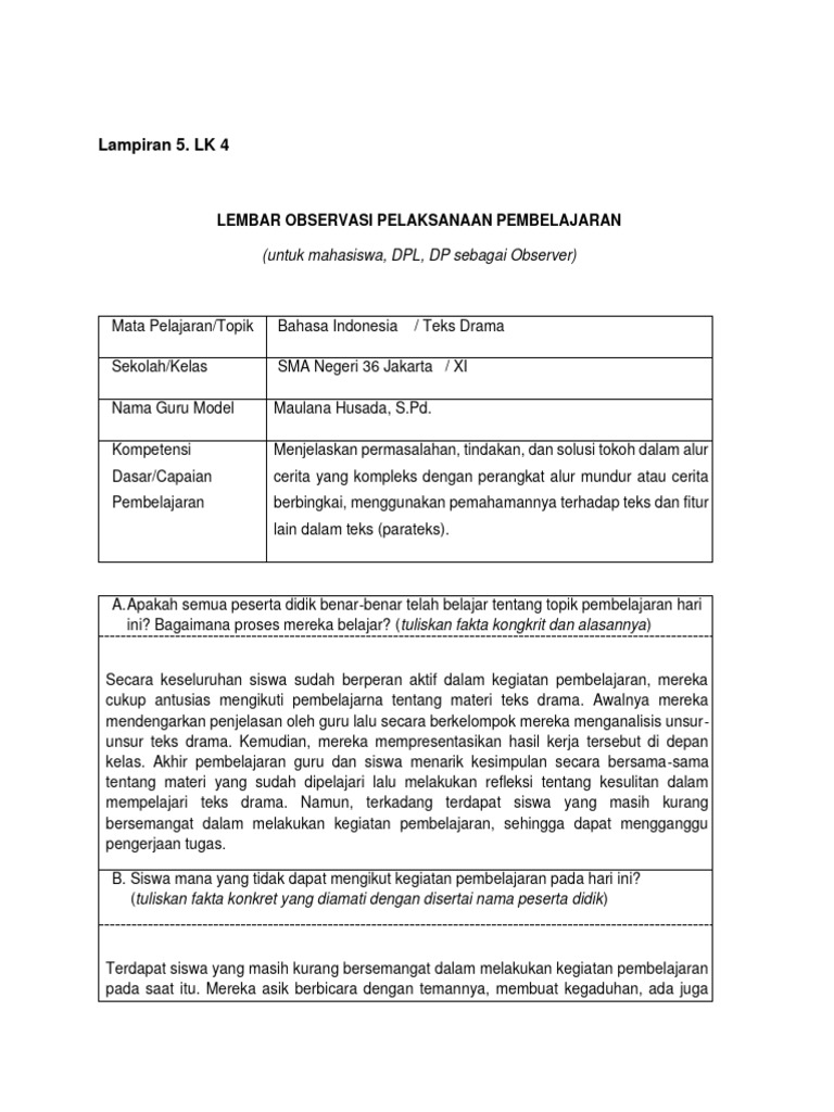 01.05.6-B4-14 Unggah LK 4 - Lembar Observasi Pembelajaran - Siklus 3 | PDF