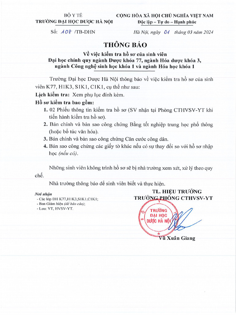 107 TB DHN Thông báo Kiểm tra hồ sơ K77 H1K3 C1K1 S1K1 | PDF