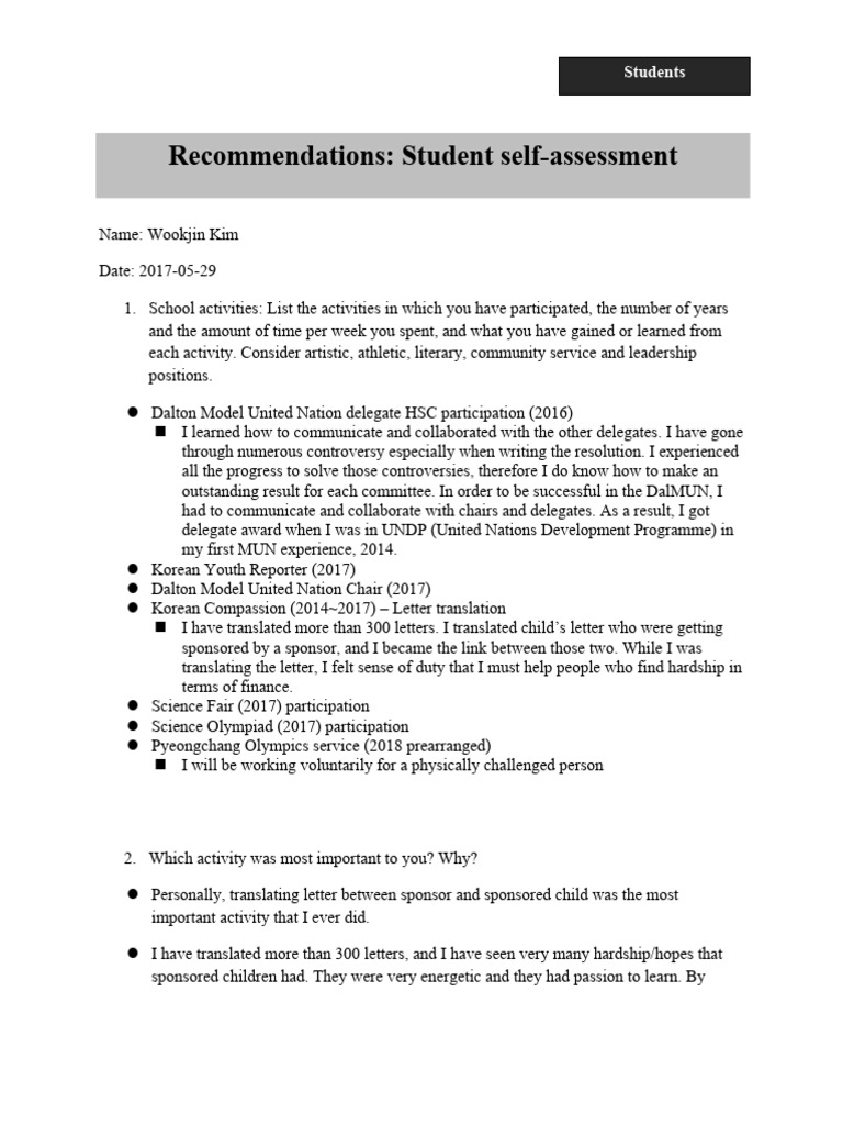 Recommendations Student Self Assessment | PDF | Learning | Cognition