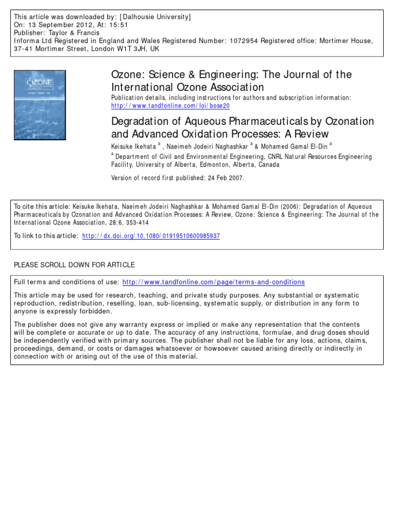 OSE 13.Degradation of Aqueous Pharmaceuticals by Ozonation and Advanced Oxidation Processes: A ...