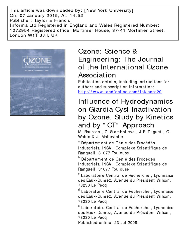 OSE 13. Influence of Hydrodynamics on Giardia Cyst Inactivation by Ozone. Study by Kinetics and ...