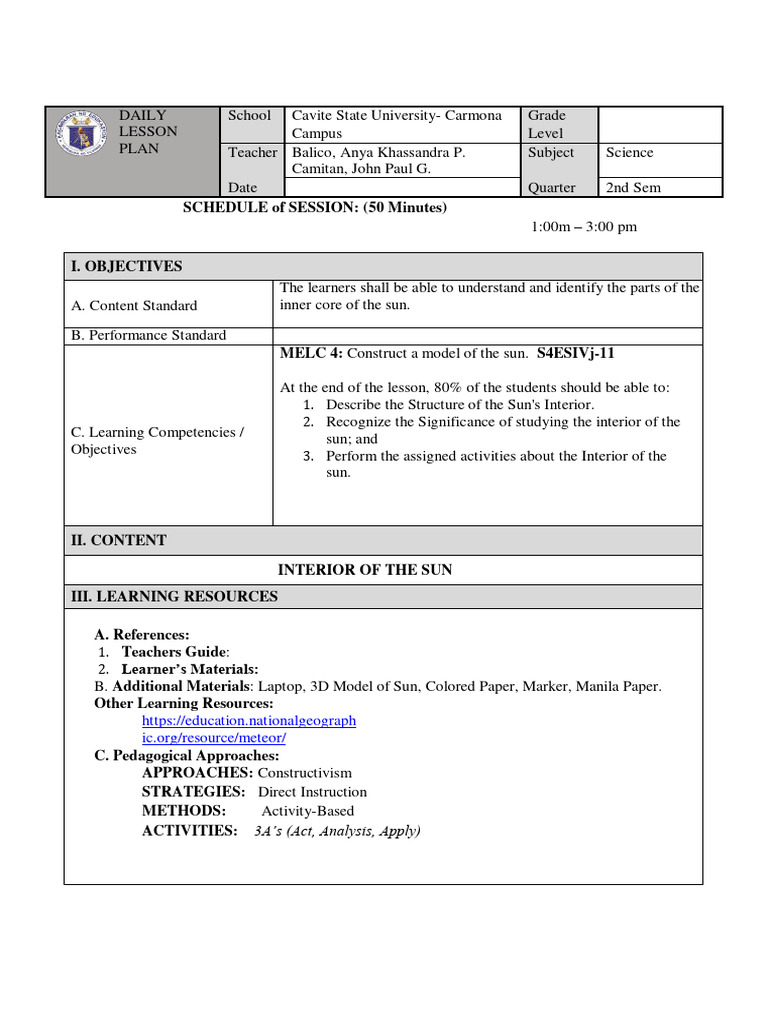 Lesson Plan Sun Interior | PDF | Sun | Radiation