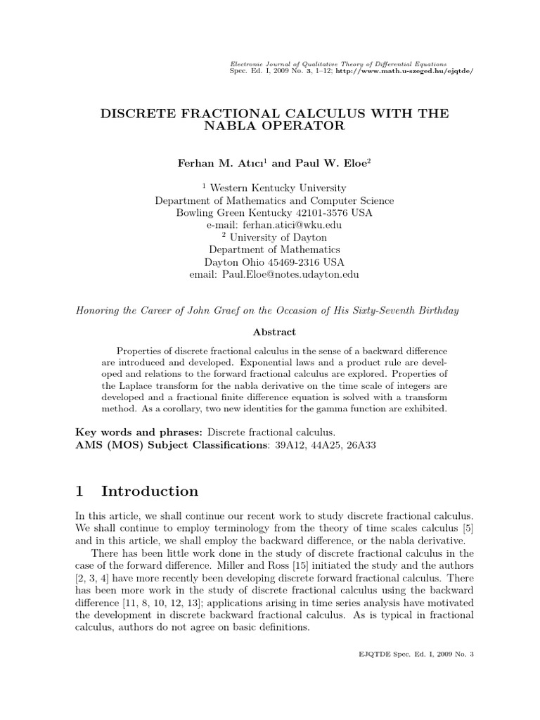 Discrete Fractional Calculus Whith The Nabla Operator | PDF | Finite Difference | Calculus