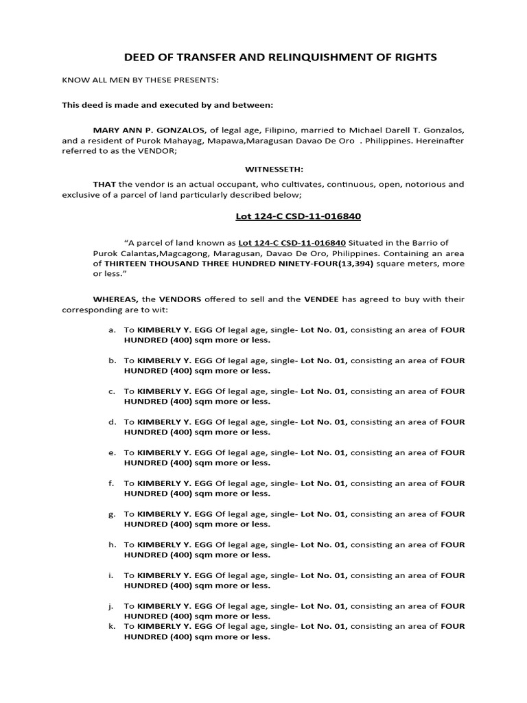 Deed of Transfer and Relinquishment of Rights | PDF | Common Law | Natural Resources Law