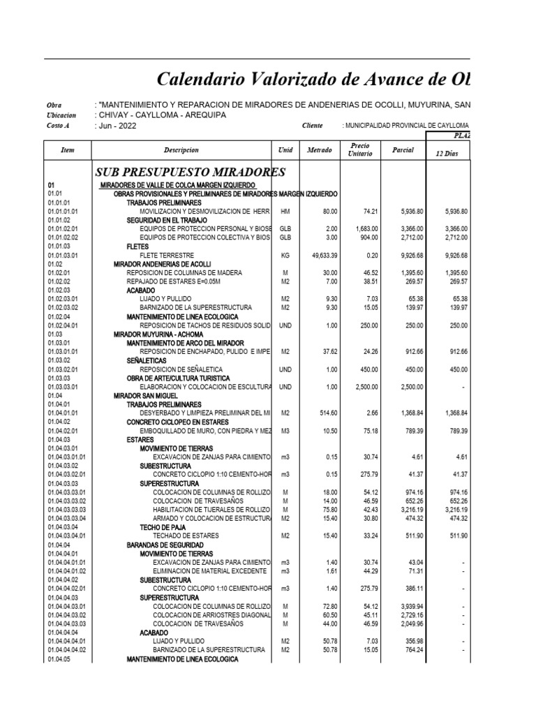Calendario Valo de Avanc D Obra | PDF | Ciencia y matemáticas