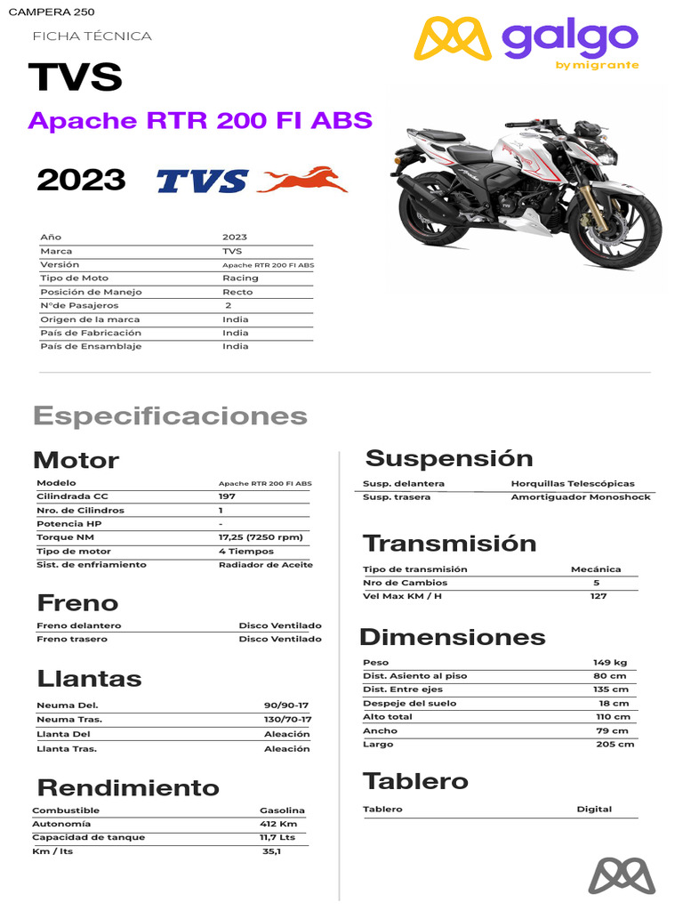 Ficha T Cnica TVS Apache RTR 200 FI ABS Galgo | PDF