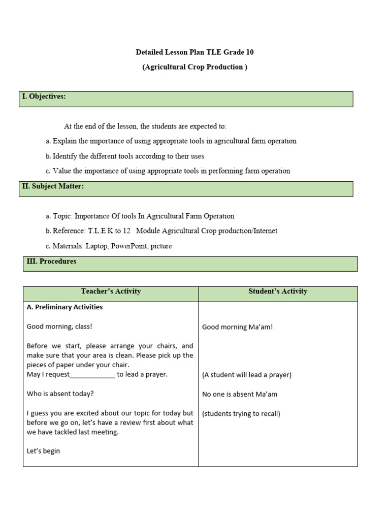 Detailed Lesson Plan TLE Grade 10 | PDF | Plough | Tillage