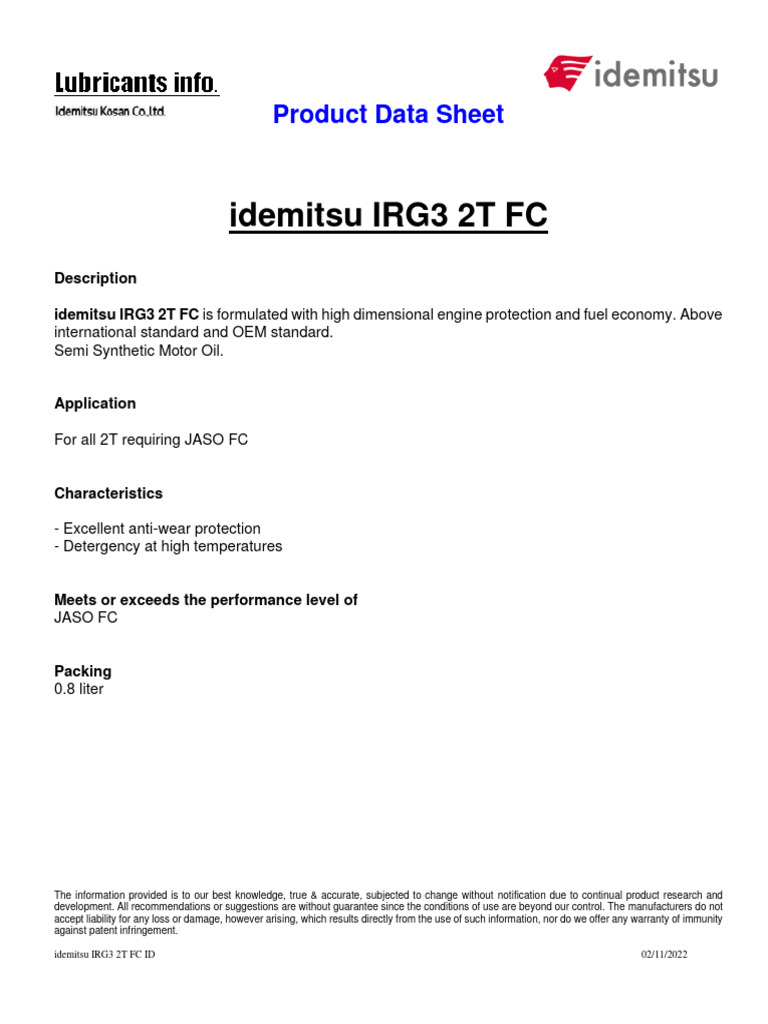 Idemitsu Irg3 2t FC S S Id | PDF | Motor Oil | Liquids
