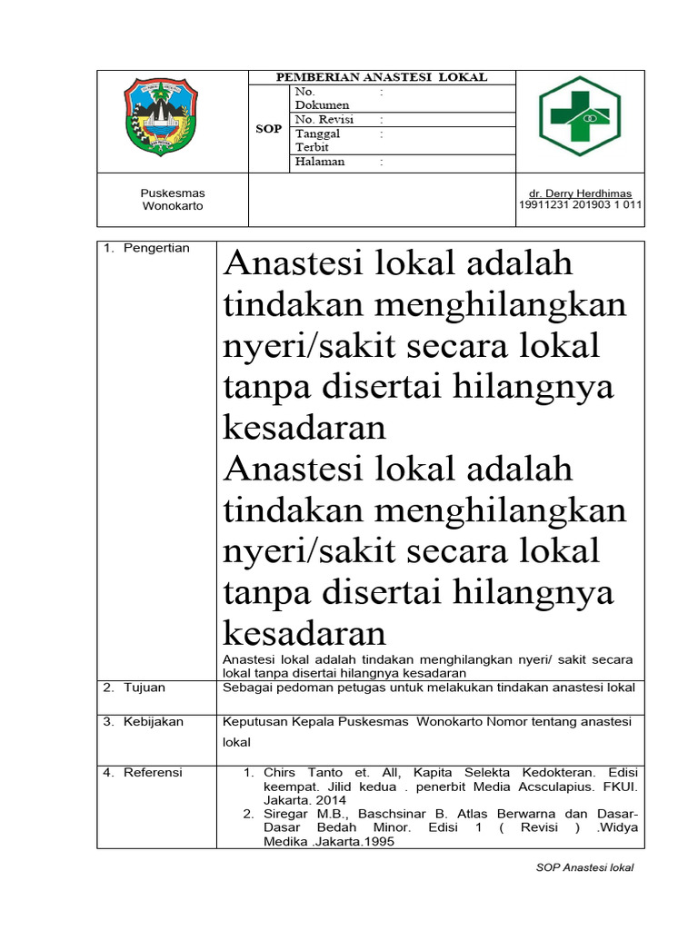 SOP Anastesi Lokal | PDF