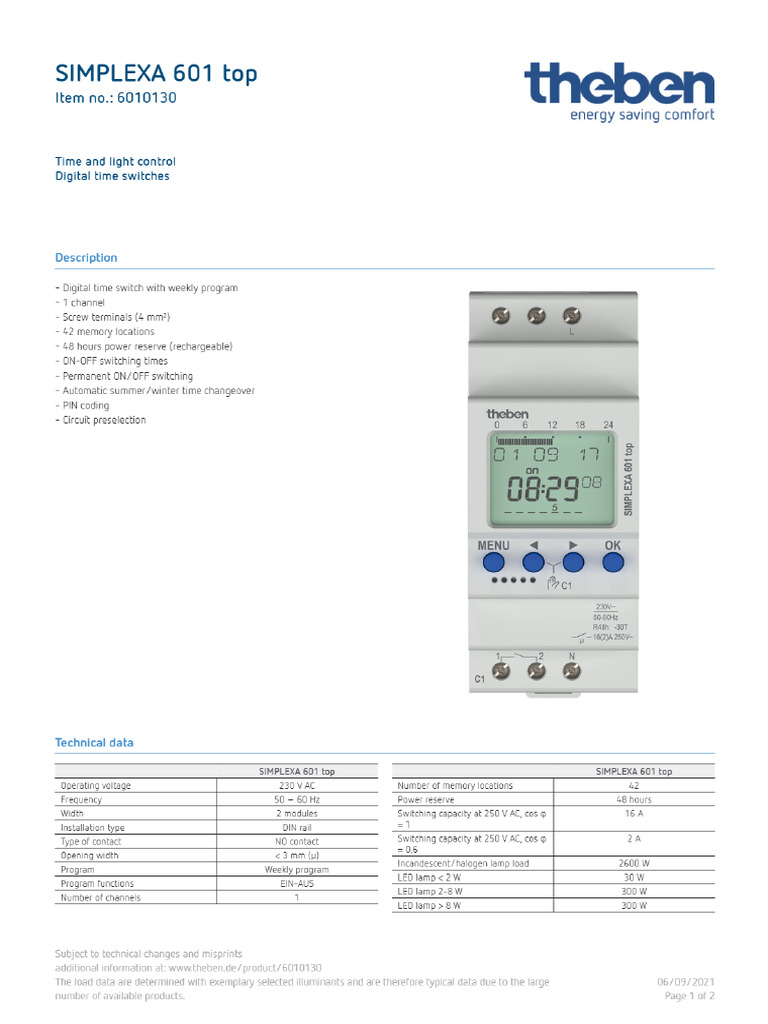Theben SIMPLEXA 601 Top Data Sheet - Manualzz | PDF