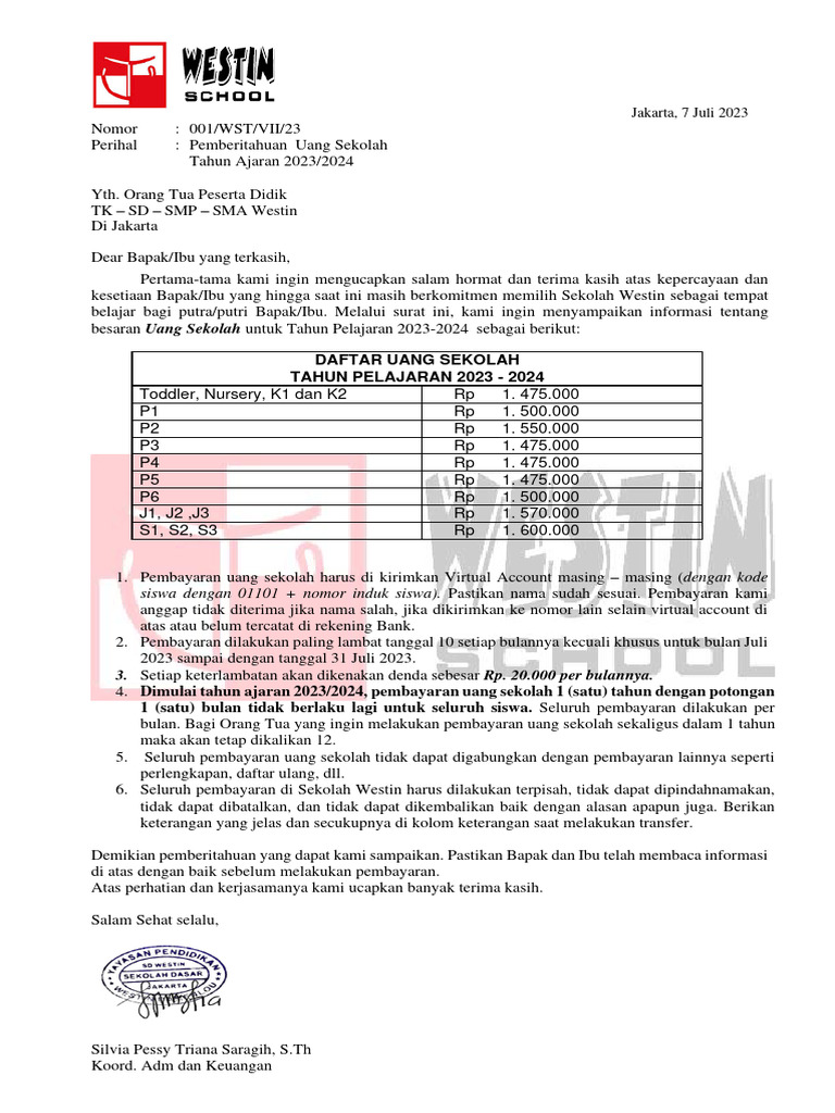 Rincian Uang Sekolah SMA Westin 2023/2024 | PDF