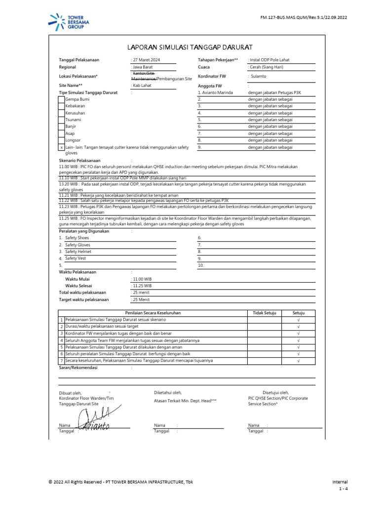 Laporan Simulasi Tanggap Darurat Avianto 03-2024-Signed | PDF