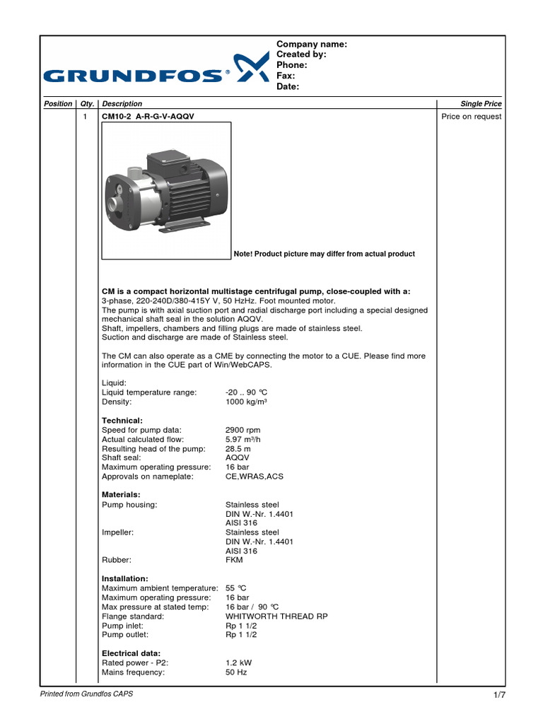 CM10-2 A-R-G-V-AQQV: Position Qty. Description Single Price | PDF | Pump | Manufactured Goods
