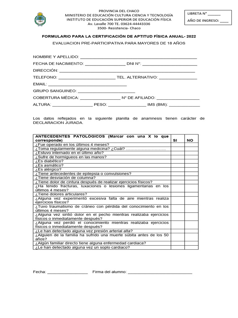 Formulario para La Certificacion de Aptitud Fisica Anual | PDF ...