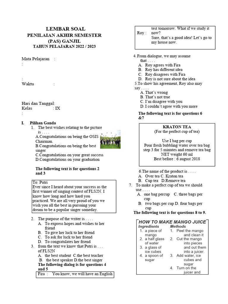 Soal PAS B.Ing Kelas 9 SEM EDIT | PDF