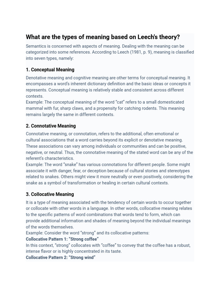Leech's Seven Types of Meaning Explained | PDF | Semantics | Affect ...