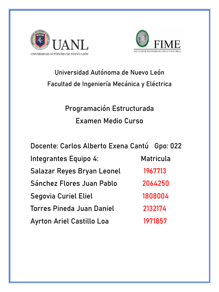 Examen Medio Curso Equipo 4 Programacion Estructurada | PDF | Programa ...