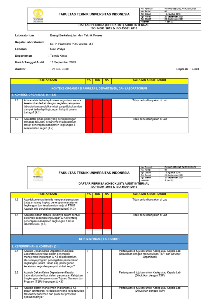 FM.002.03B. Form Checklist Audit Internal ISO 14001 - ISO 45001 EBER | PDF