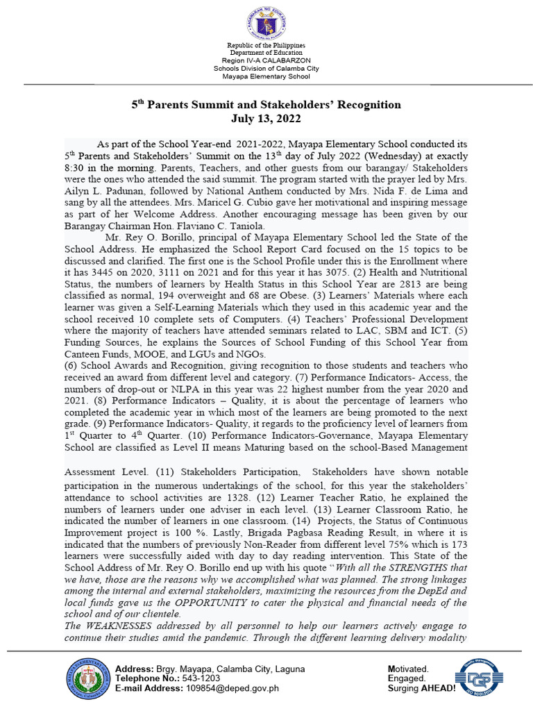 5th-Parents-Summit-Narrative And stakeholders' Recognition | PDF | Teachers | Learning