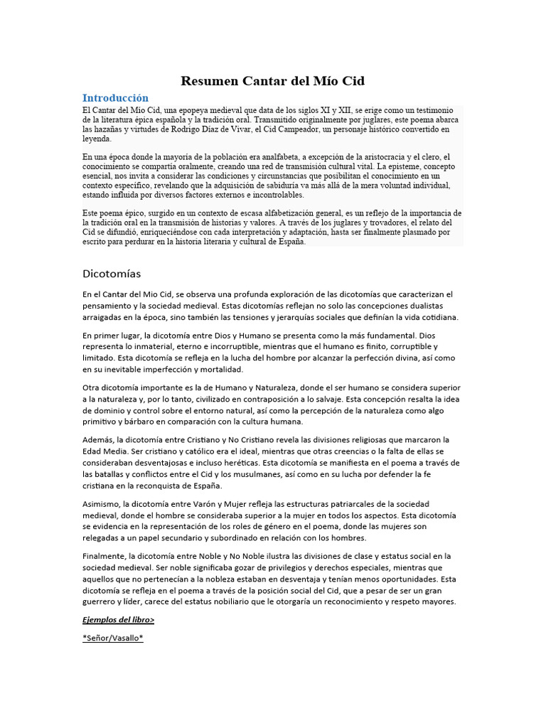 Resumen Cantar Del Mío Cid | PDF | Poesía épica | Edades medias