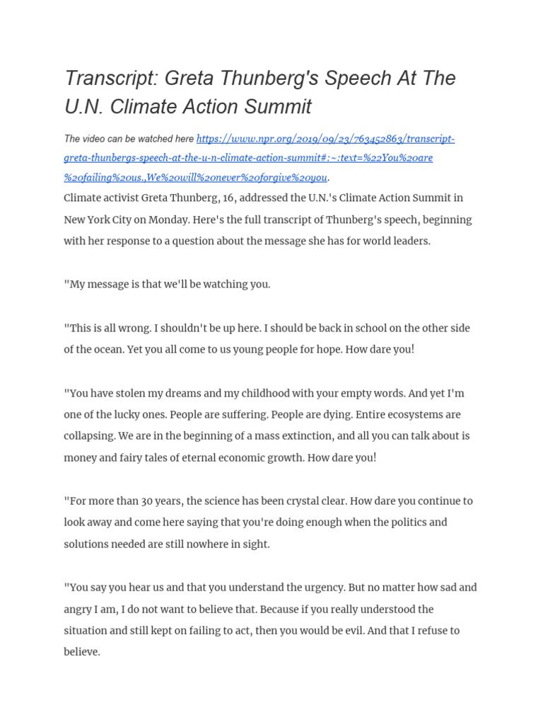 Greta Thunberg's U.N. Climate Speech Transcript | PDF | Environmental ...
