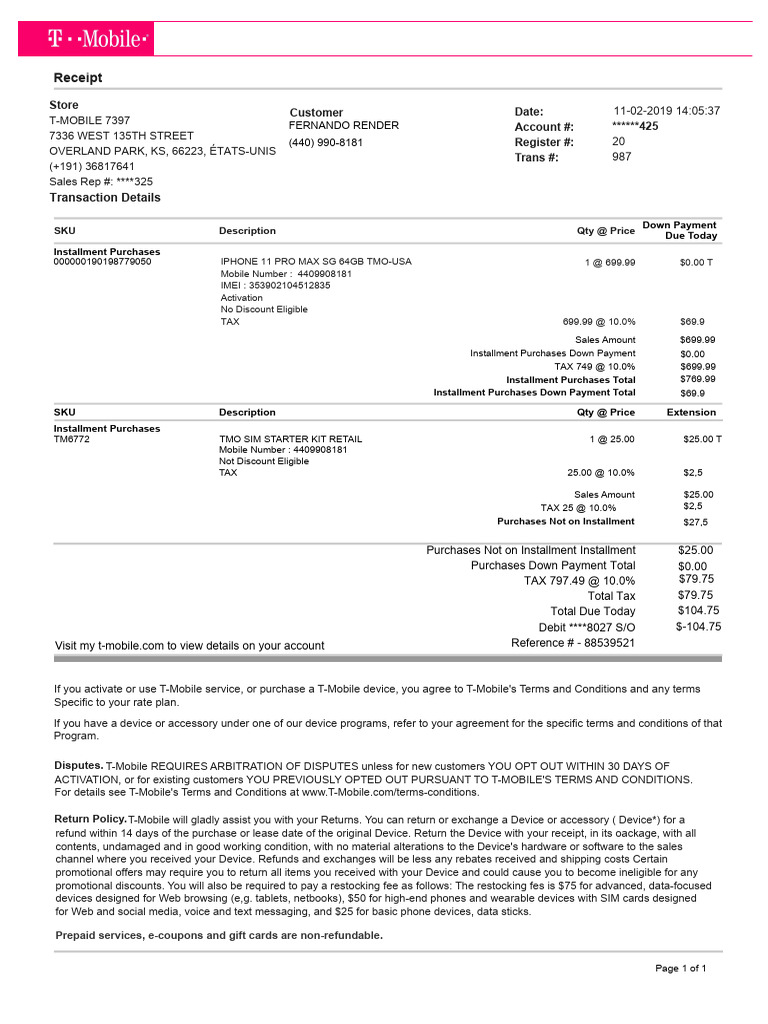 T-Mobile Receipt for iPhone Purchase | PDF | T Mobile Us | Receipt