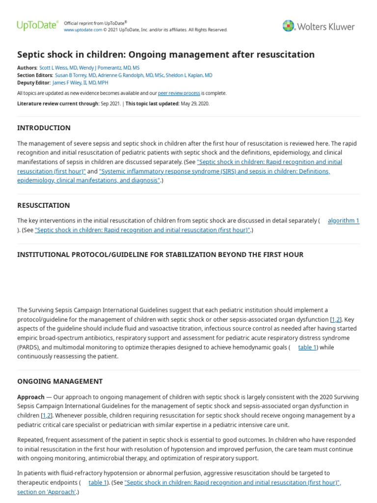 Septic Shock in Children - Ongoing Management After Resuscitation ...
