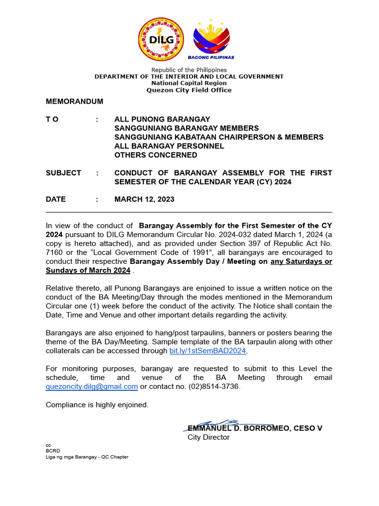 MEMORANDUM RE 1st Sem 2024 BARANGAY ASSEMBLY | PDF MEMORANDUM RE 1st Sem 2024 BARANGAY ASSEMBLY | PDF