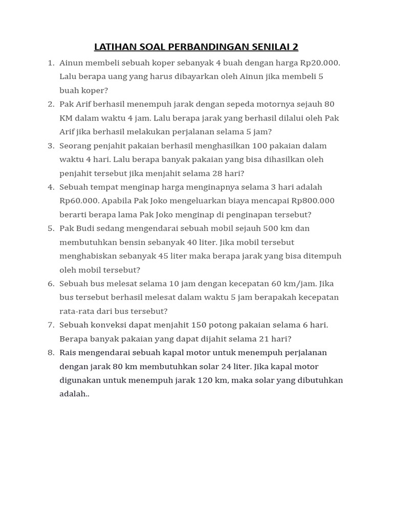 Latihan Soal Perbandingan Senilai 2 | PDF