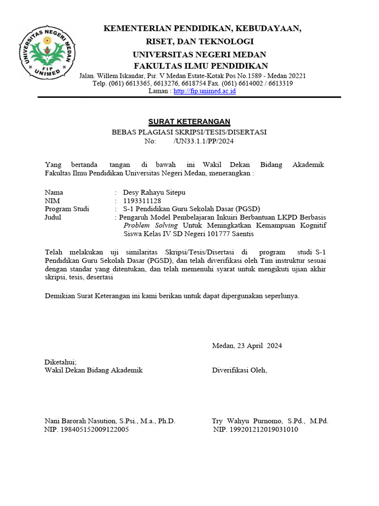 Desy - Surat Keterangan Bebas Plagiat FIP | PDF