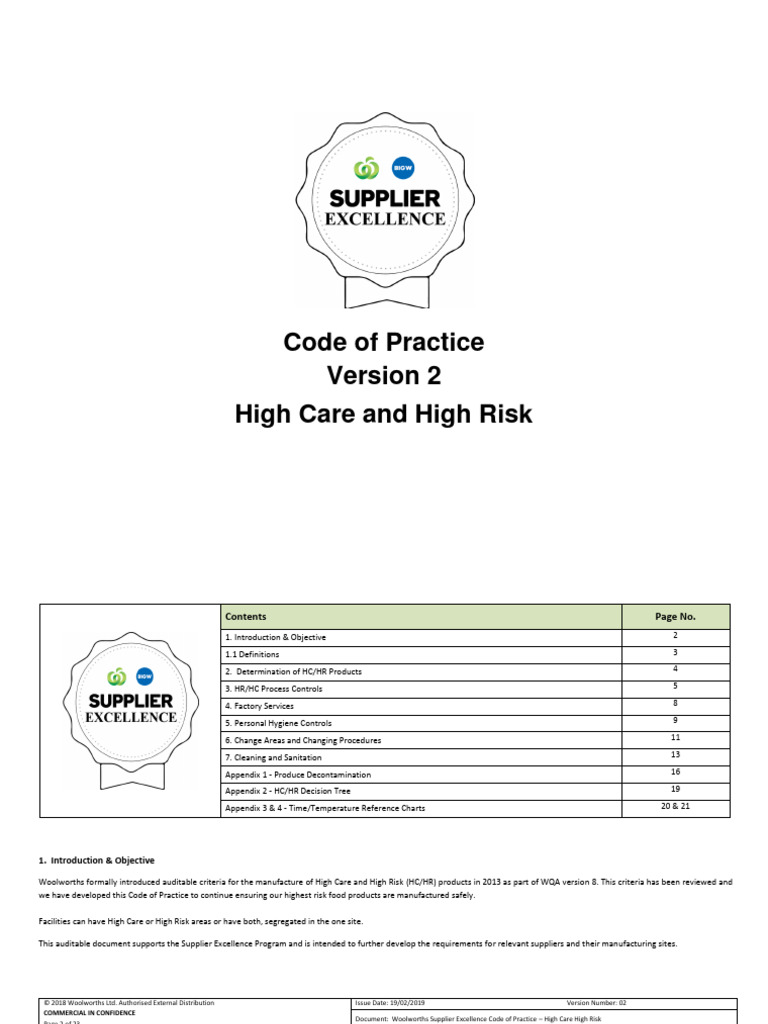 Woolworths High Care High Risk Code | PDF | Hygiene | Risk