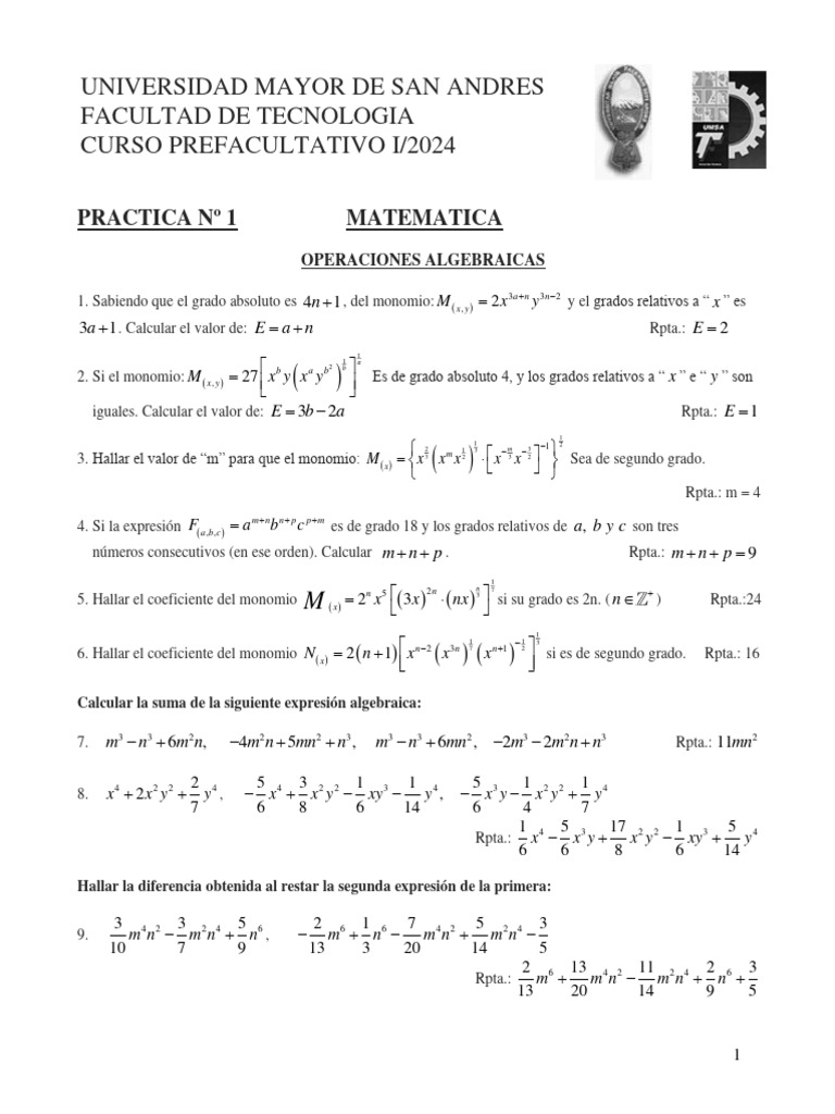 Practica 1 MATEMATICA PREFA I-2024 | PDF | Aritmética | Matemática ...