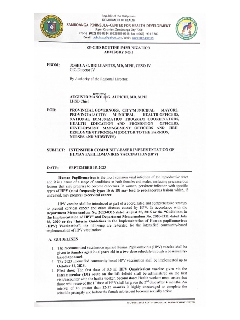 ZPCHD Routine Advisory No. 1 | PDF