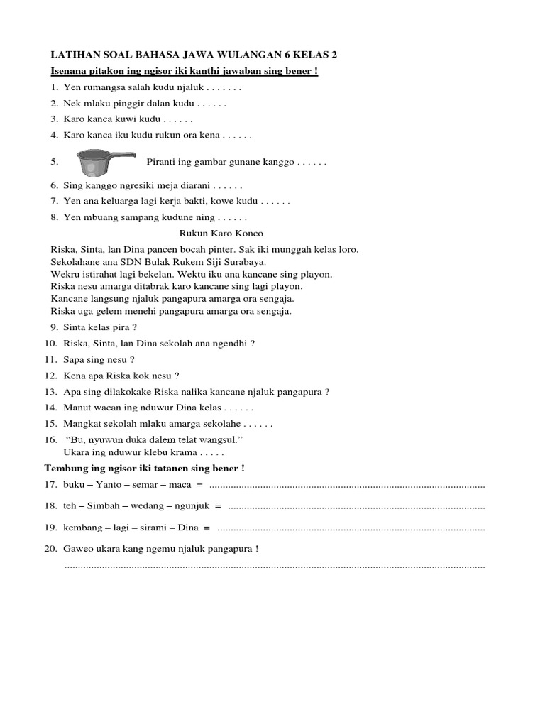 Latihan Bahasa Jawa Wulangan 6 Kelas 2 | PDF