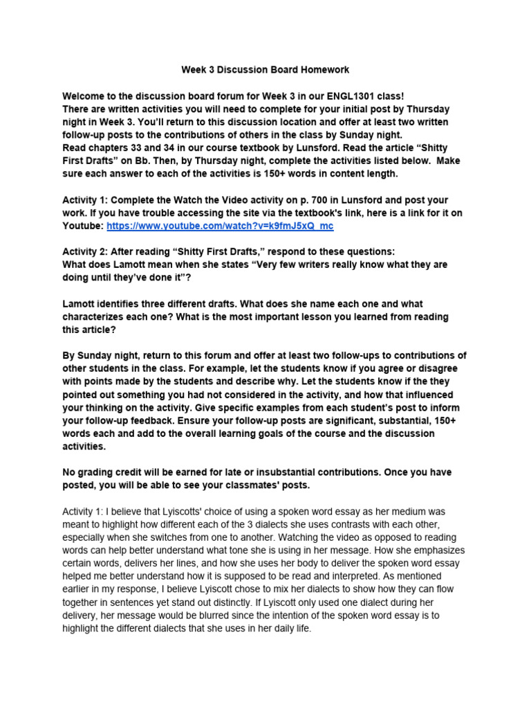 ENGL1301 Week 3 Discussion Tasks | PDF | Internet Forum | Human ...