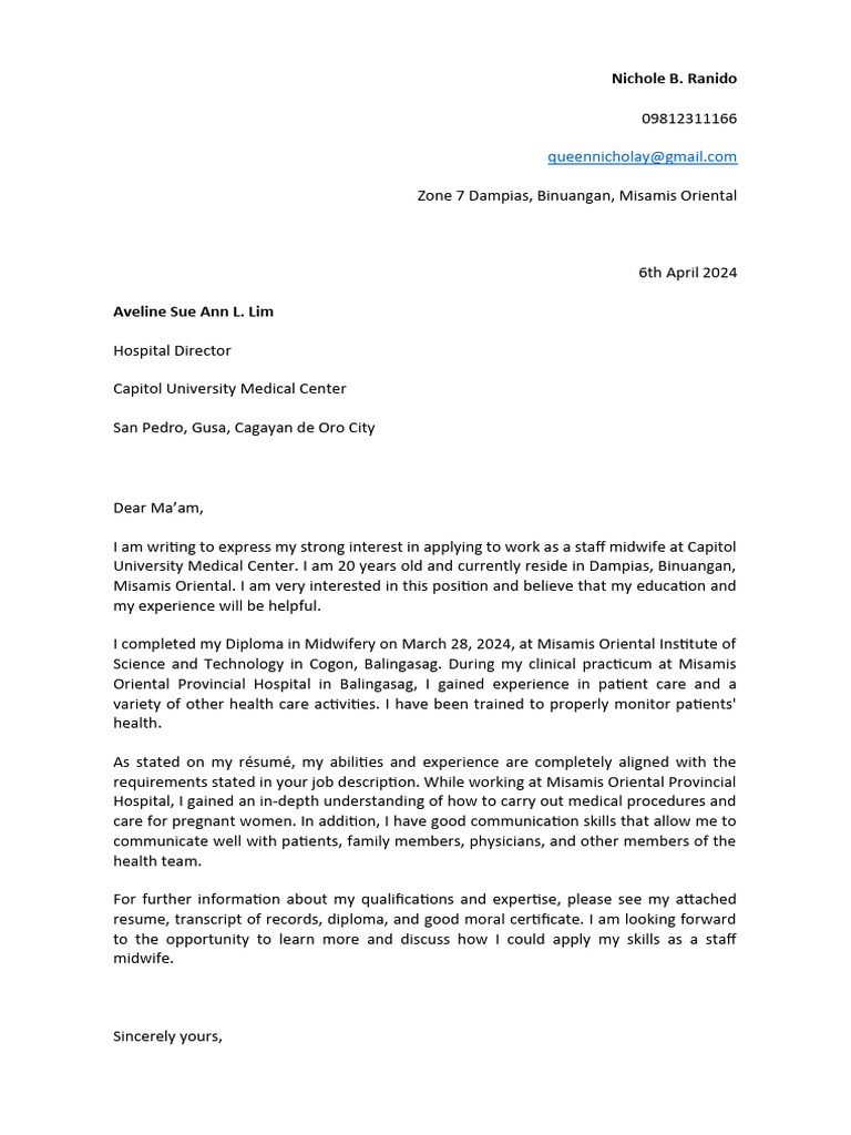 Application and Resignation Letter | PDF | Midwife | Health Care