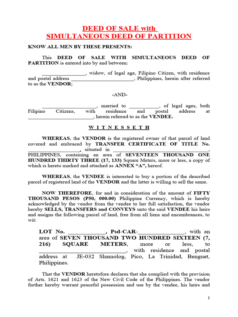 DEED of PArtition With Sale - SAMPLE/OPEN | PDF | Deed | Civil Law ...