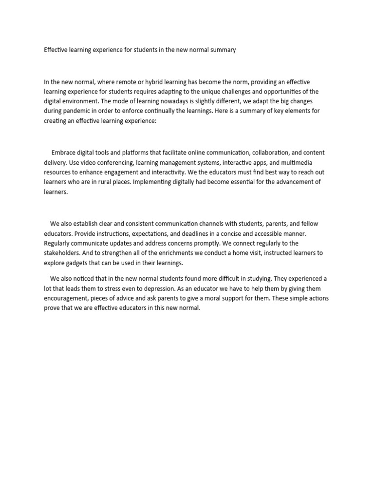 4 Effective Learning Experience For Students in The New Normal summary ...