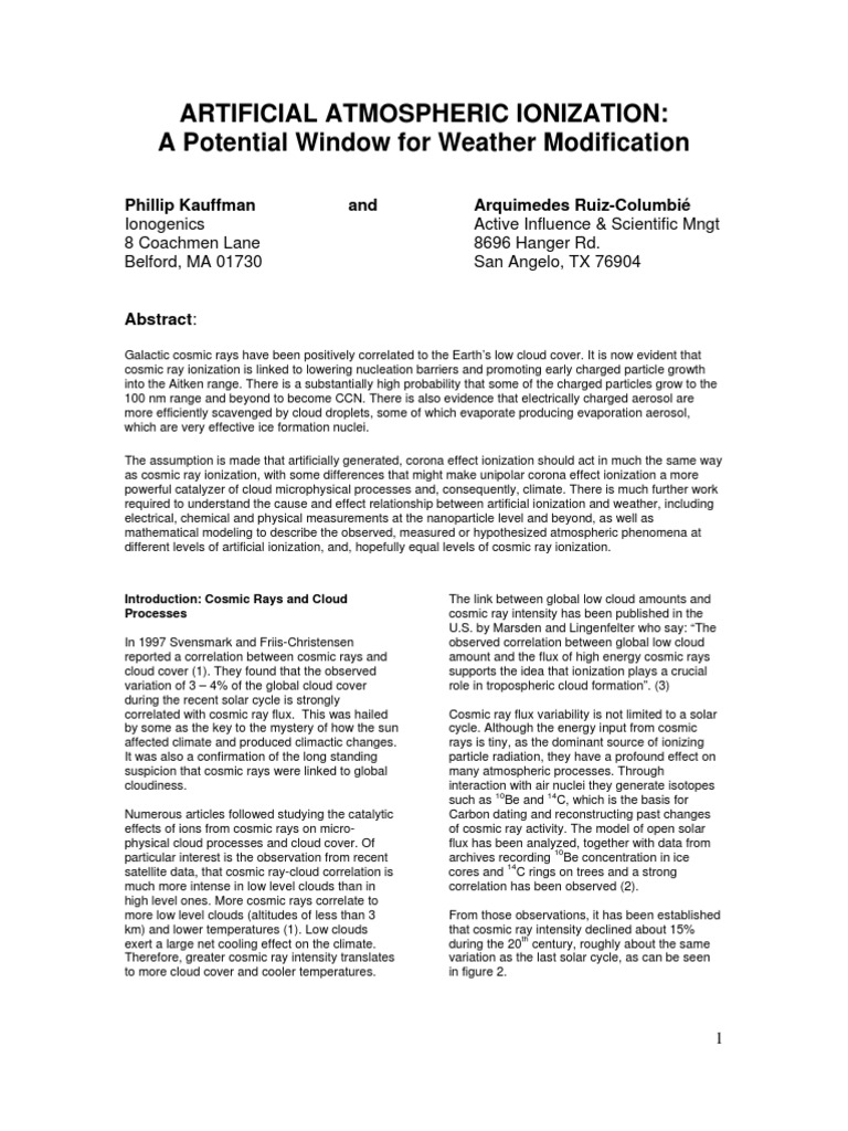 ARTIFICIAL ATMOSPHERIC IONIZATION: A Potential Window For Weather Modification | PDF | Aerosol ...