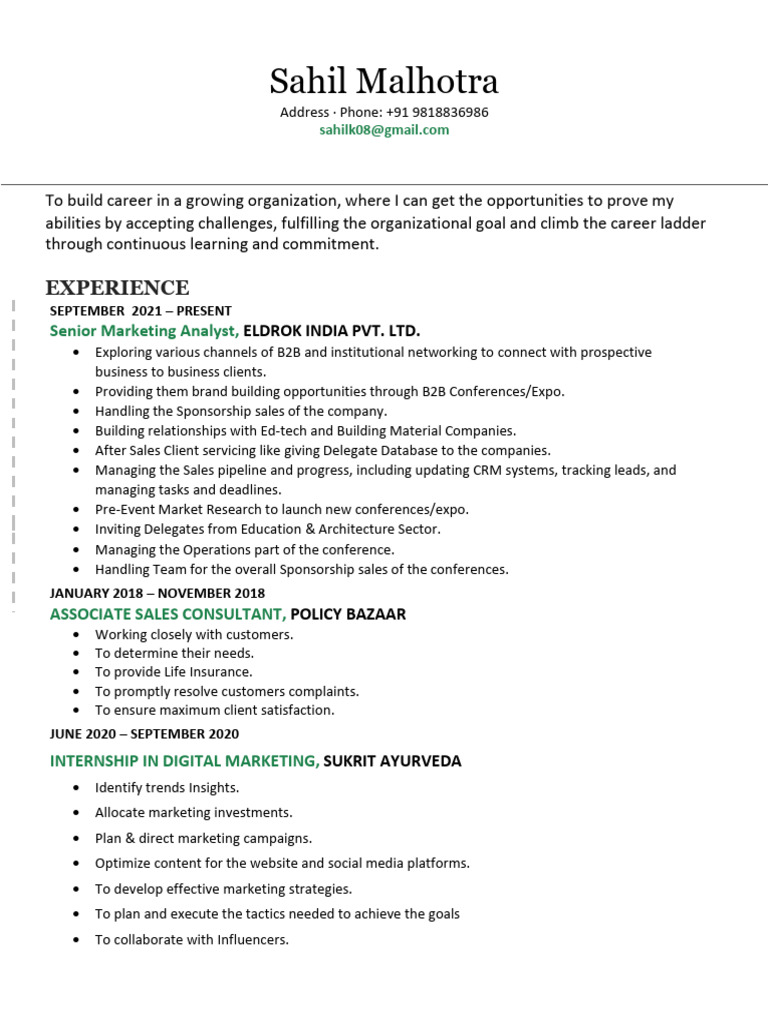 Sahil Malhotra Resume | PDF | Marketing | Sales Sahil Malhotra Resume | PDF | Marketing | Sales
