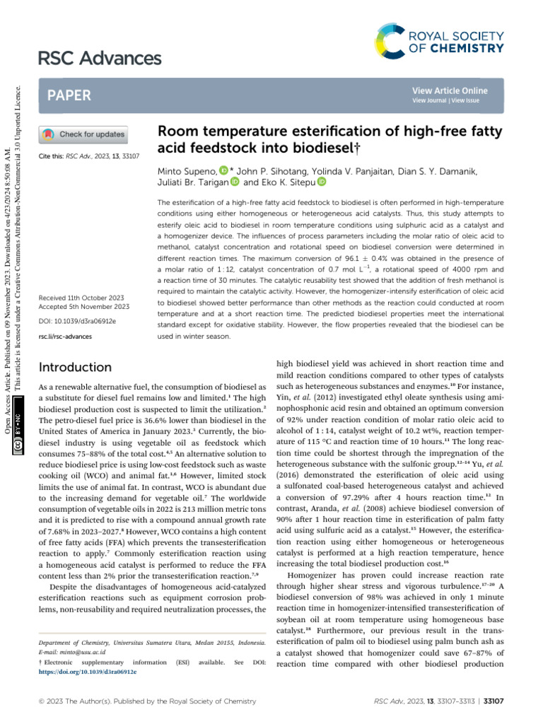 RSC Advances: Paper | PDF | Gas Chromatography | Biodiesel