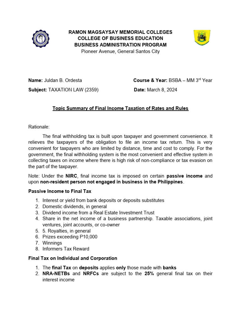 Tax Law Summary Topic | Download Free PDF | Taxes | Income Tax