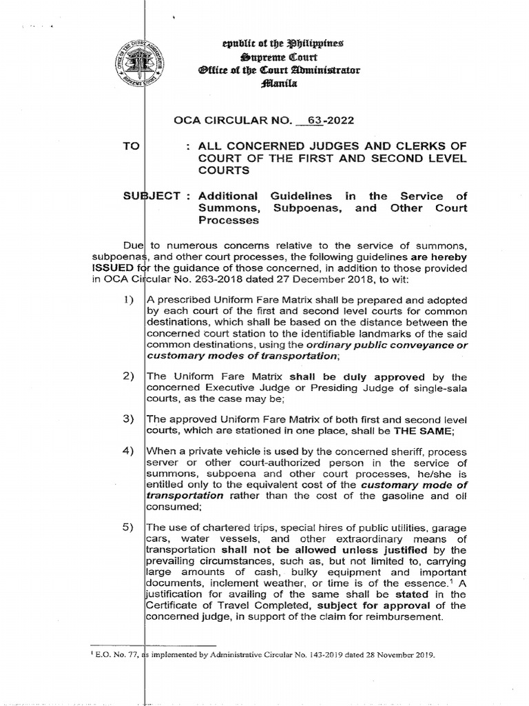 63 2022 Oca Circular Additional Guidelines in The Service of Summons ...