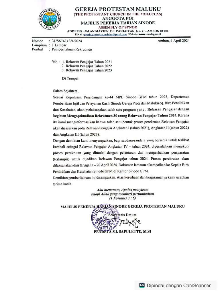 Surat No. 31 Pemberitahuan Rekrutmen Relawan Mengajar | PDF