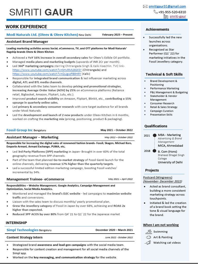Smriti Gaur- CV | PDF | Brand | Marketing