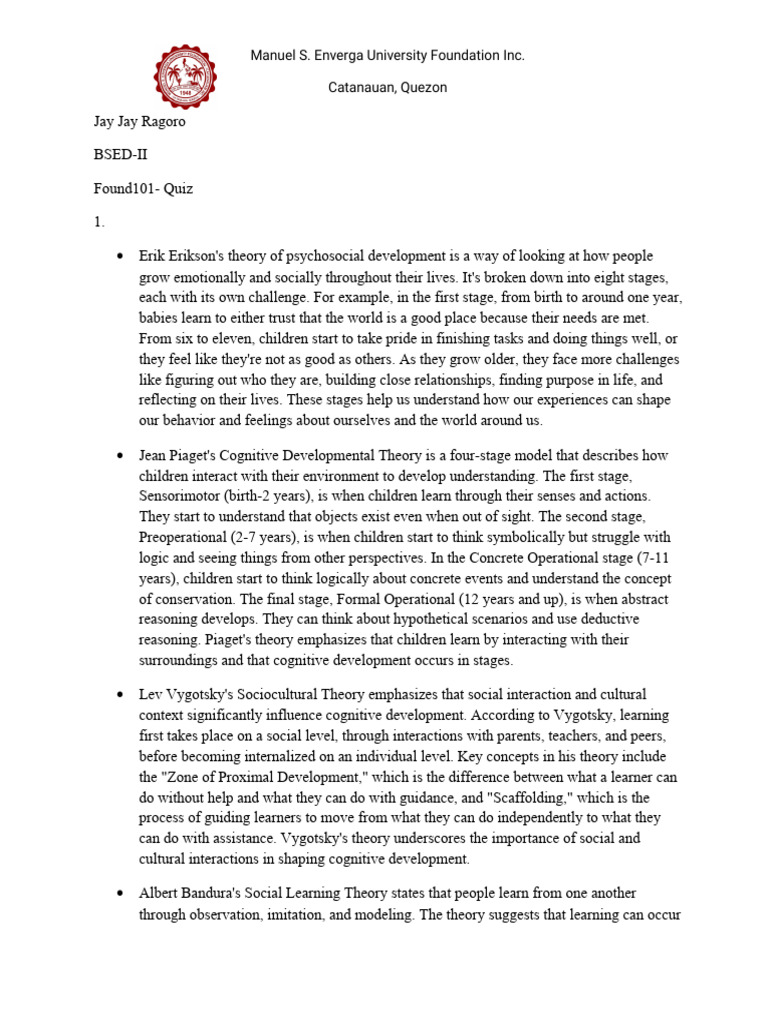 Found 101 Quiz | PDF | Cognitive Development | Developmental Psychology