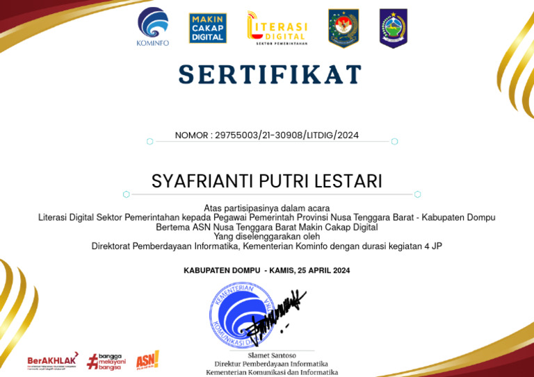 Sertifikat Literasi Digital Syafrianti Putri Lestari 2024 | PDF
