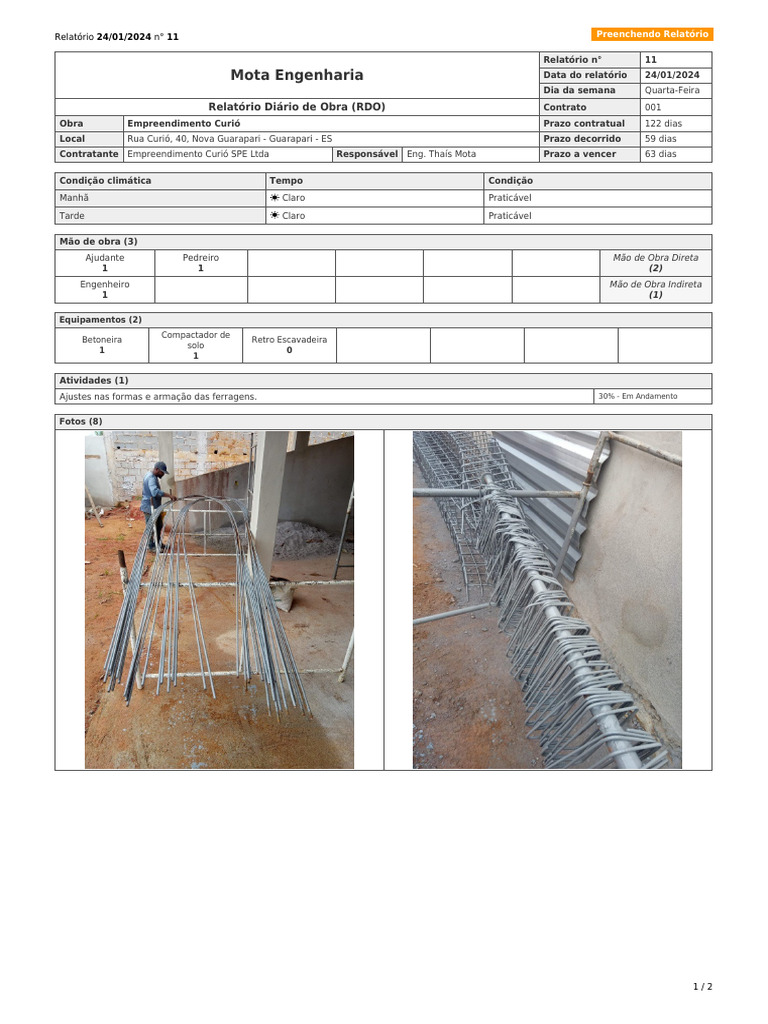 RELATORIO DIARIO DE OBRA (RDO) N 11 24-01-2024 | PDF RELATORIO DIARIO DE OBRA (RDO) N 11 24-01-2024 | PDF