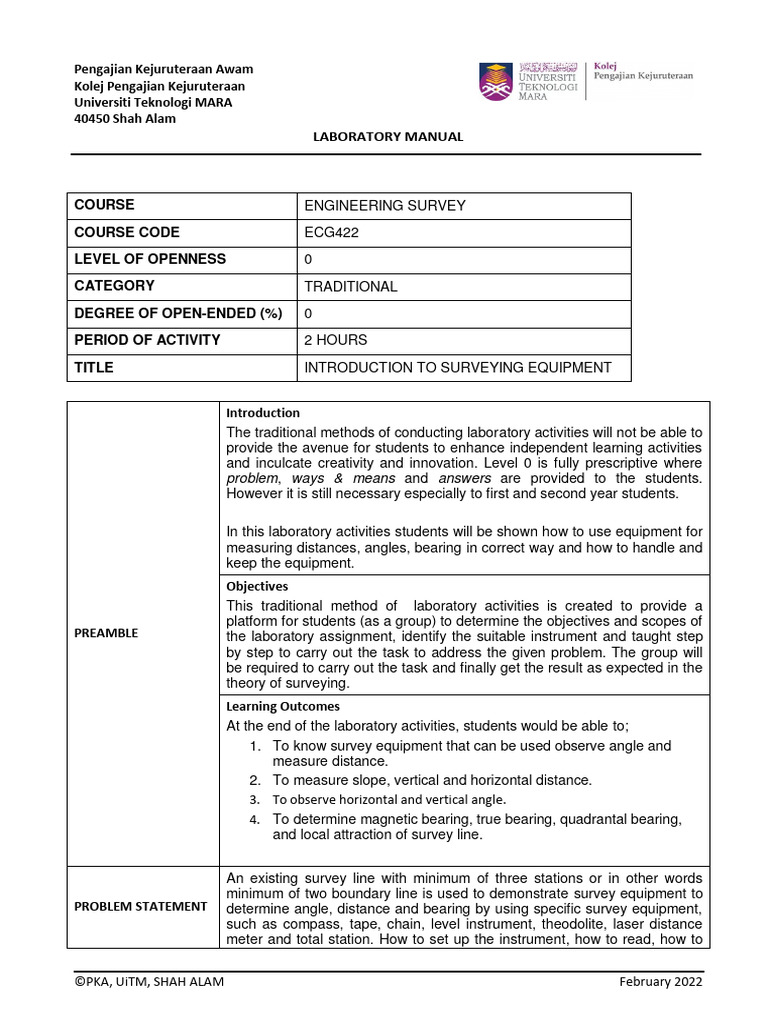 Project 1 - Lab Manual - LEVEL 0 - SURVEY EQUIPMENT | PDF | Surveying ...